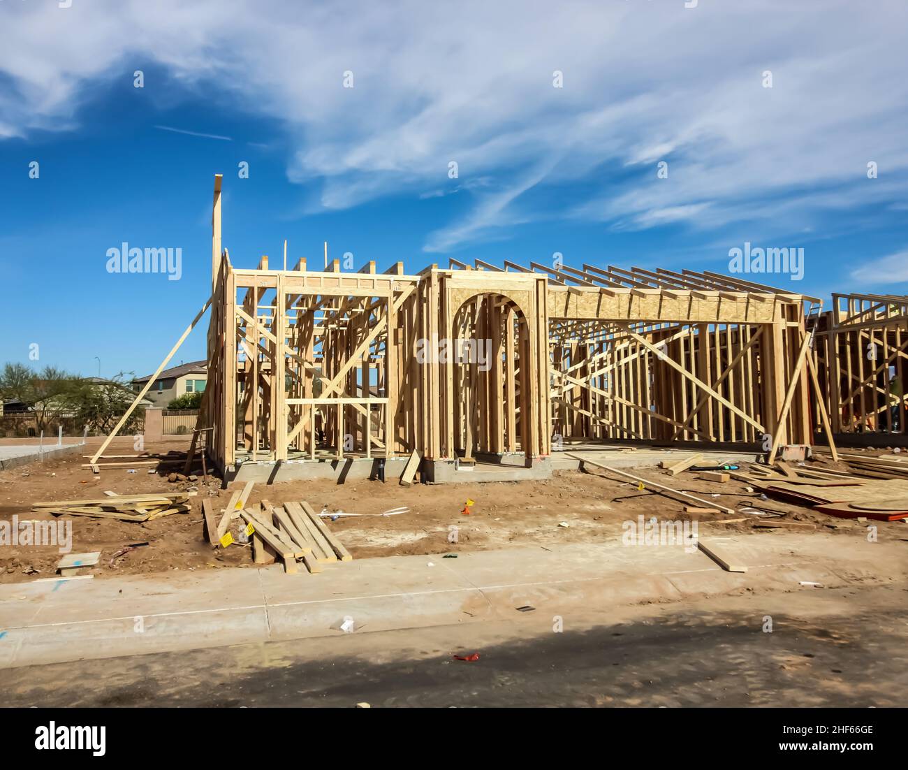 New Home Under Construction During Framing Stage With Support Braces ...