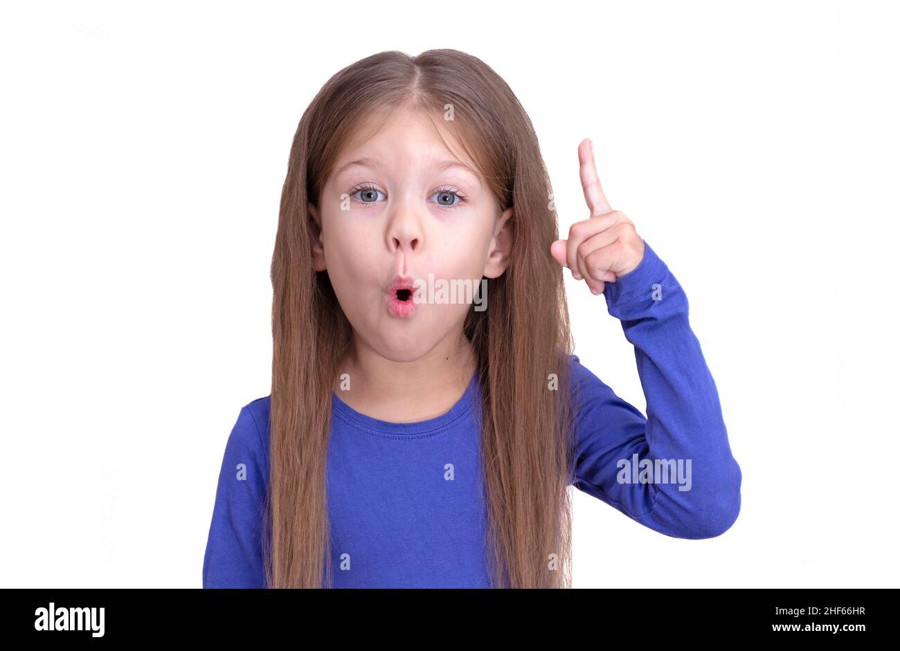 Maked important discovery child kid with raising forefinger up with ...