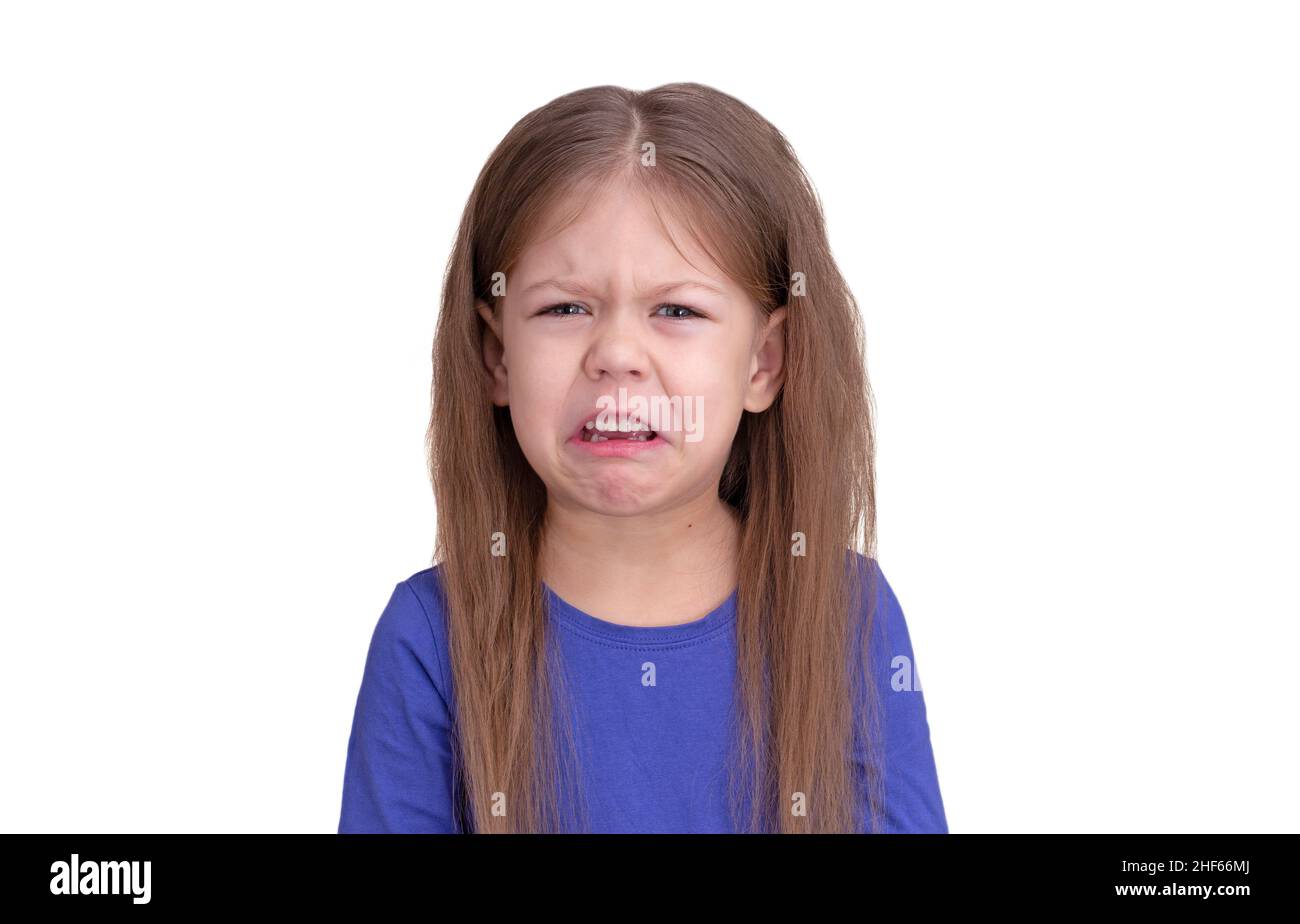 Dissatisfied child kid with disgust on sour face isolated on white ...