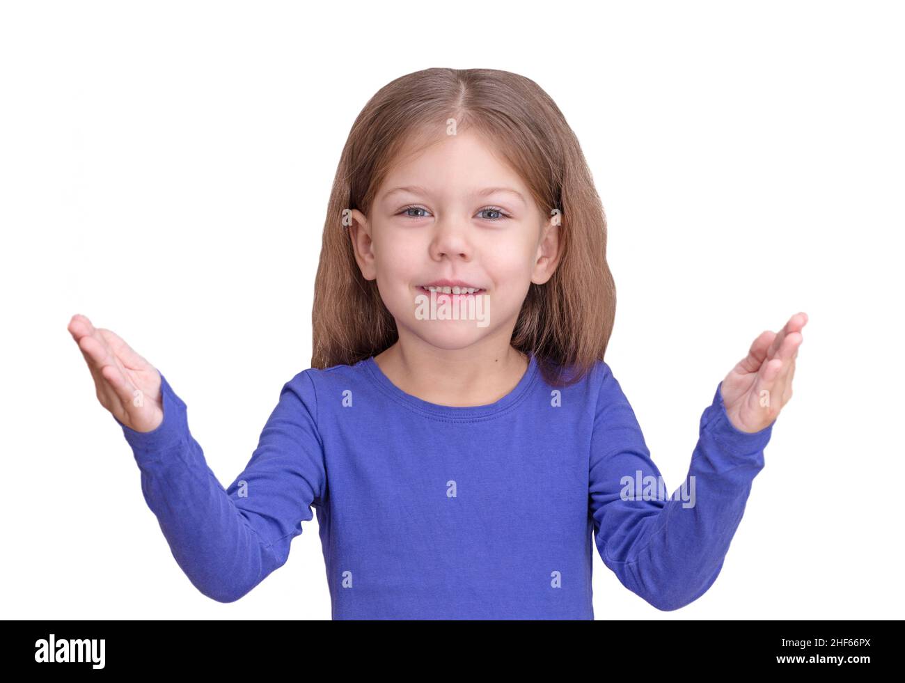 Happy child kid holding arms open after air kiss or to hug, isolated on ...