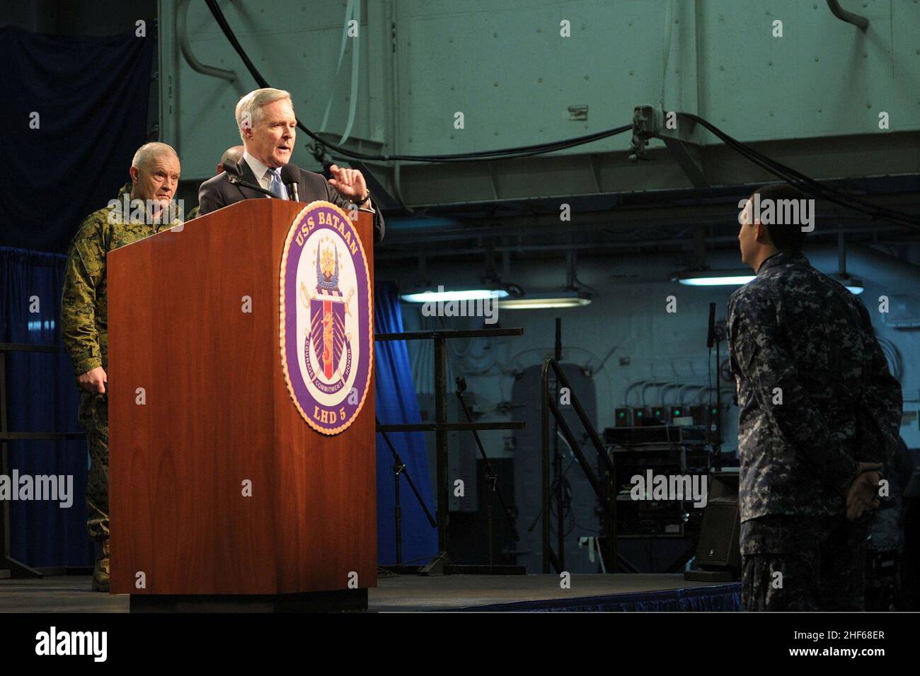 Secretary of the Navy Ray Mabus answers a Sailor's question during an ...