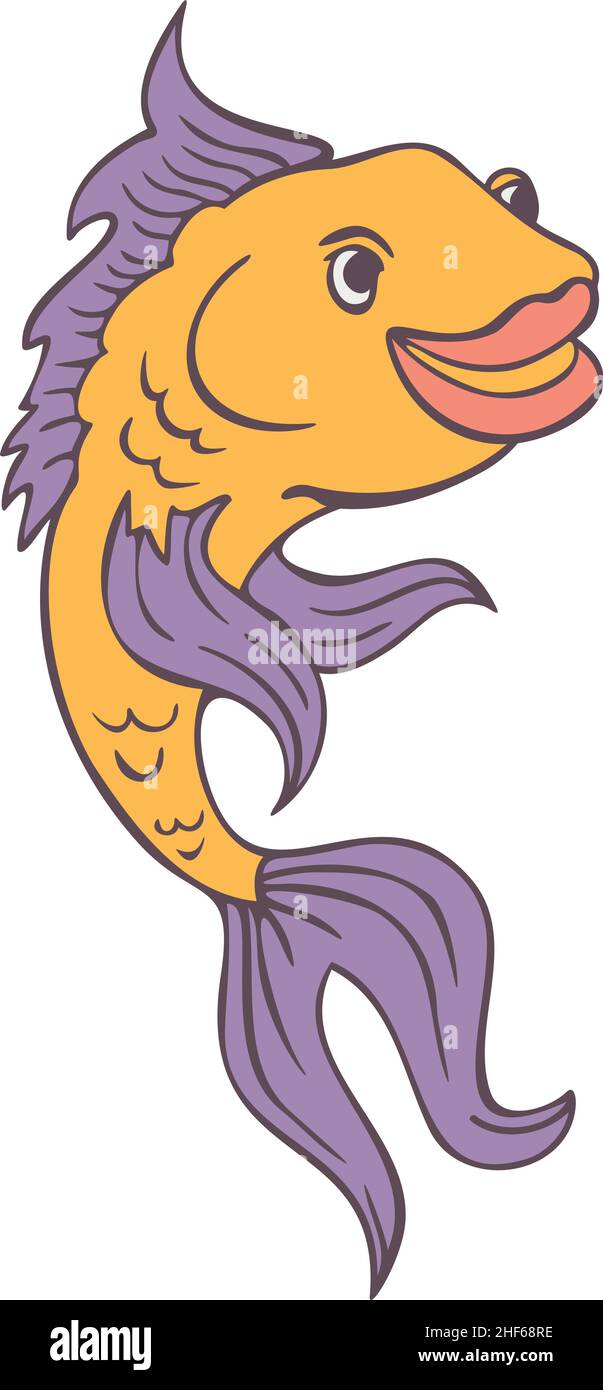 Vector illustration of smiling isolated fish. Hand drawn fish colored ...