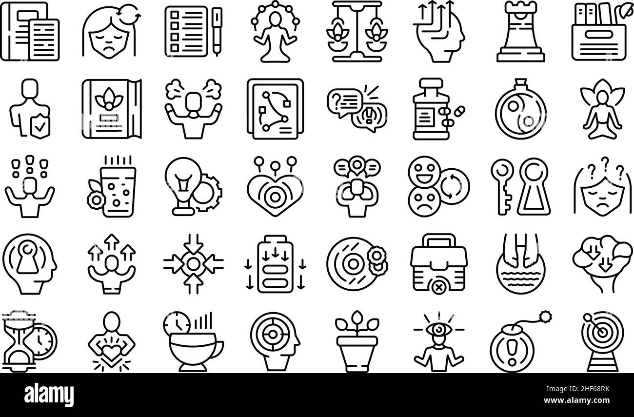 Stress reduction icons set outline vector. Anger balance. Calm control ...