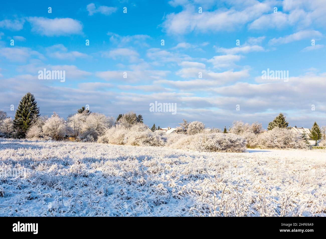 snow covered fields with settlement at the horizon in Munich,Germany ...