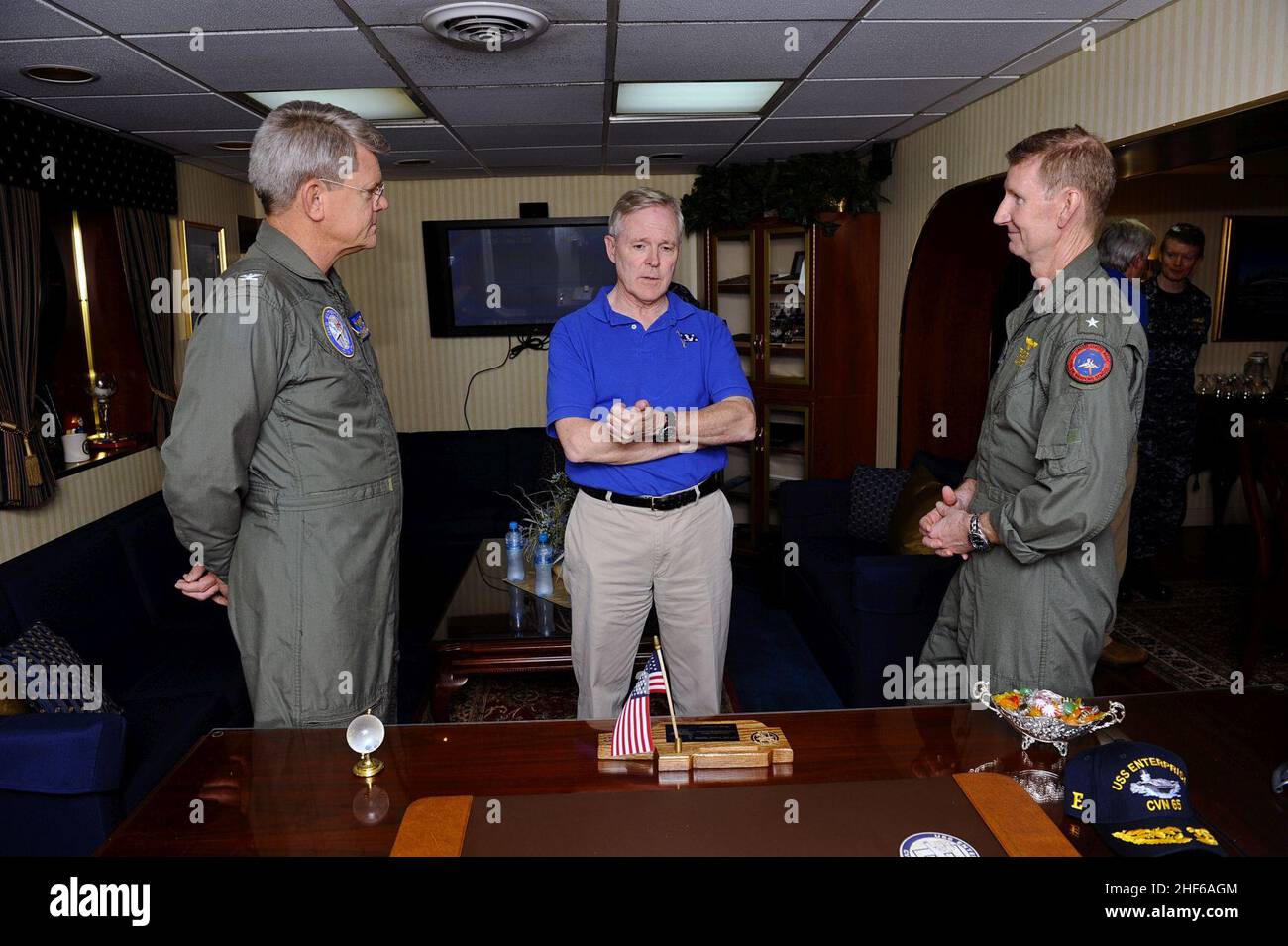 Secretary of the Navy Ray Mabus, center, speaks with U.S. Navy Capt ...