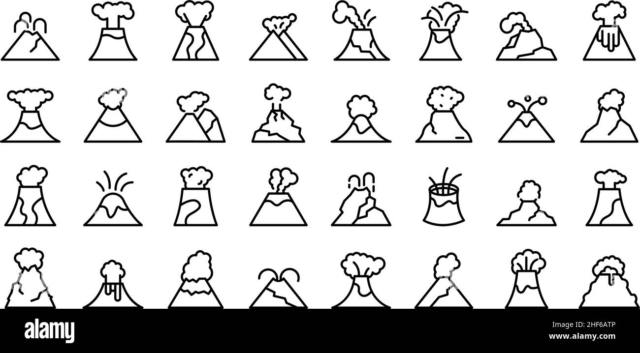 Volcanic eruption icons set outline vector. Adventure climb. Volcano ...