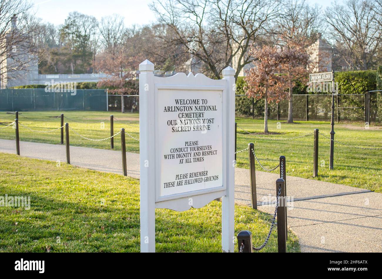 White Welcome Sign in Arlington National Cemetery in Washington DC, VA ...