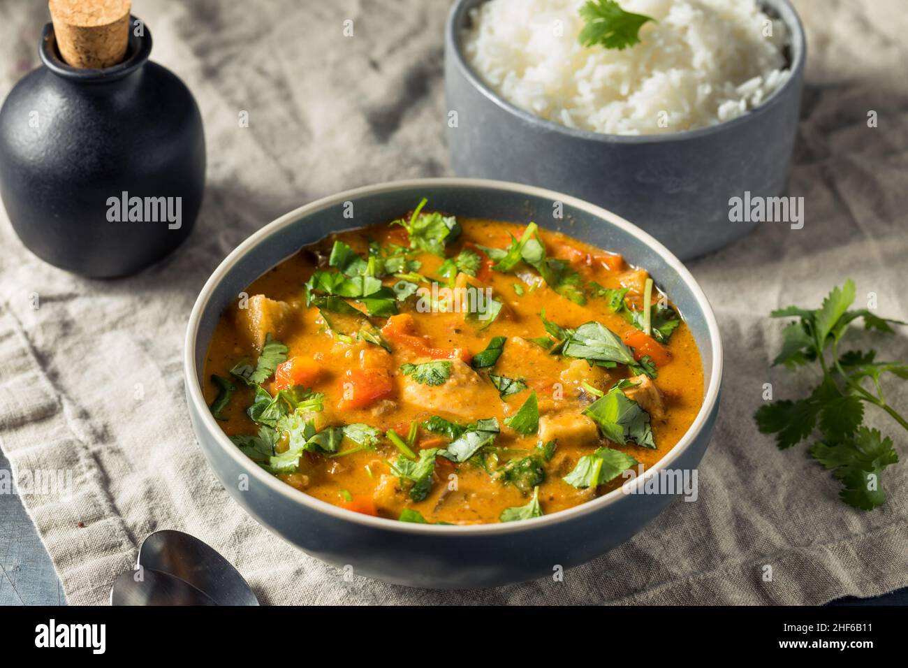 Homemade Red Chicken Curry with Cilantro and Rice Stock Photo - Alamy