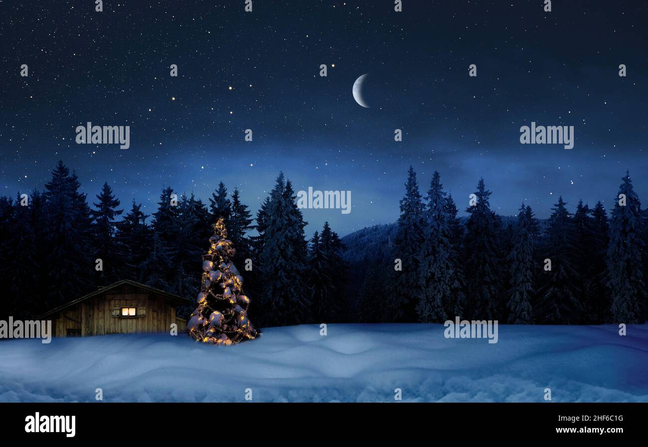 Shining Christmas tree with a lighted hut on a winter night with snow ...