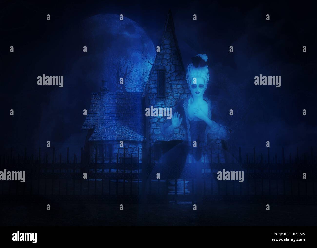 Old abstract spooky Halloween witch house in night forest and Victorian ...