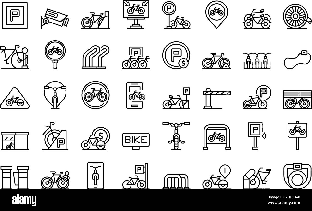 Bicycle parking icons set outline vector. Bike park. Rent cycle Stock ...