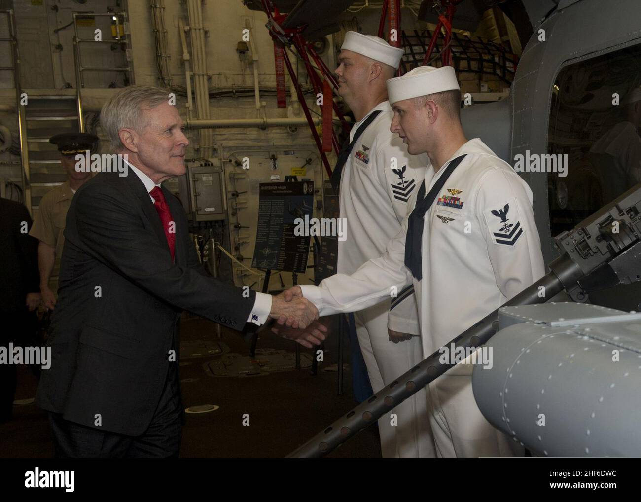Secretary of the Navy Ray Mabus, left, meets with U.S. Sailors assigned ...