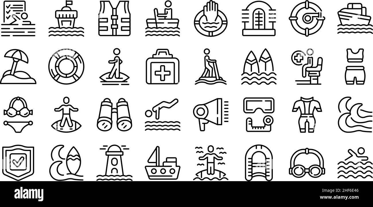 Water safety training icons set outline vector. Beach assistance. Float ...