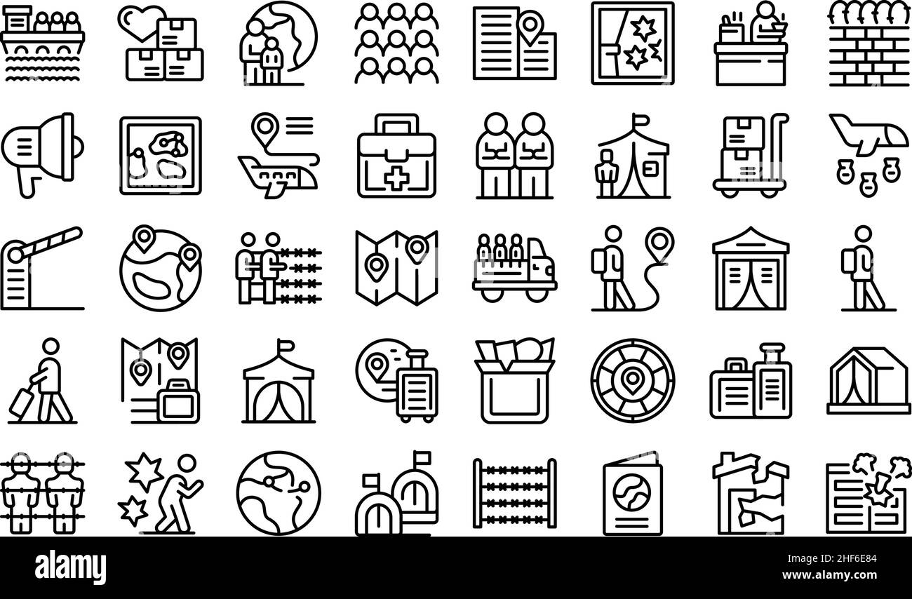 Asylum seeker icons set outline vector. Migration refugee. Abroad ...