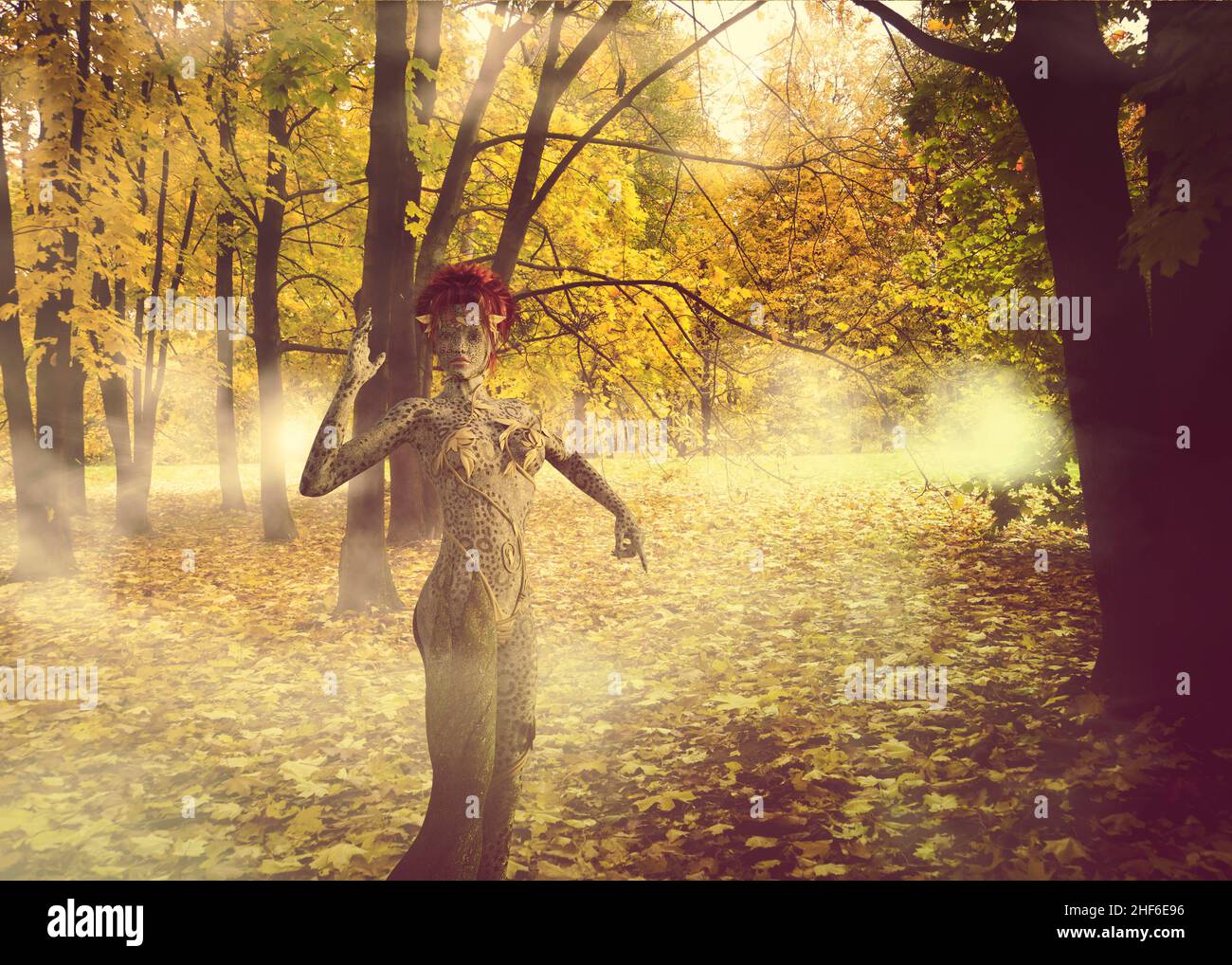 Fantasy dryad woman with tree trunk leg in autumn forest, 3d ...