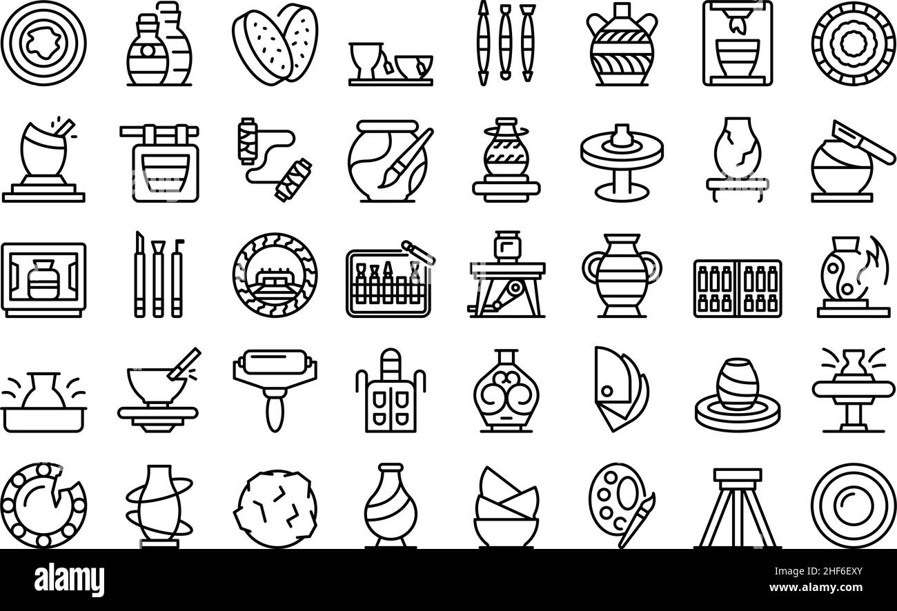 Pottery class icons set outline vector. Artist craft. People pot Stock ...