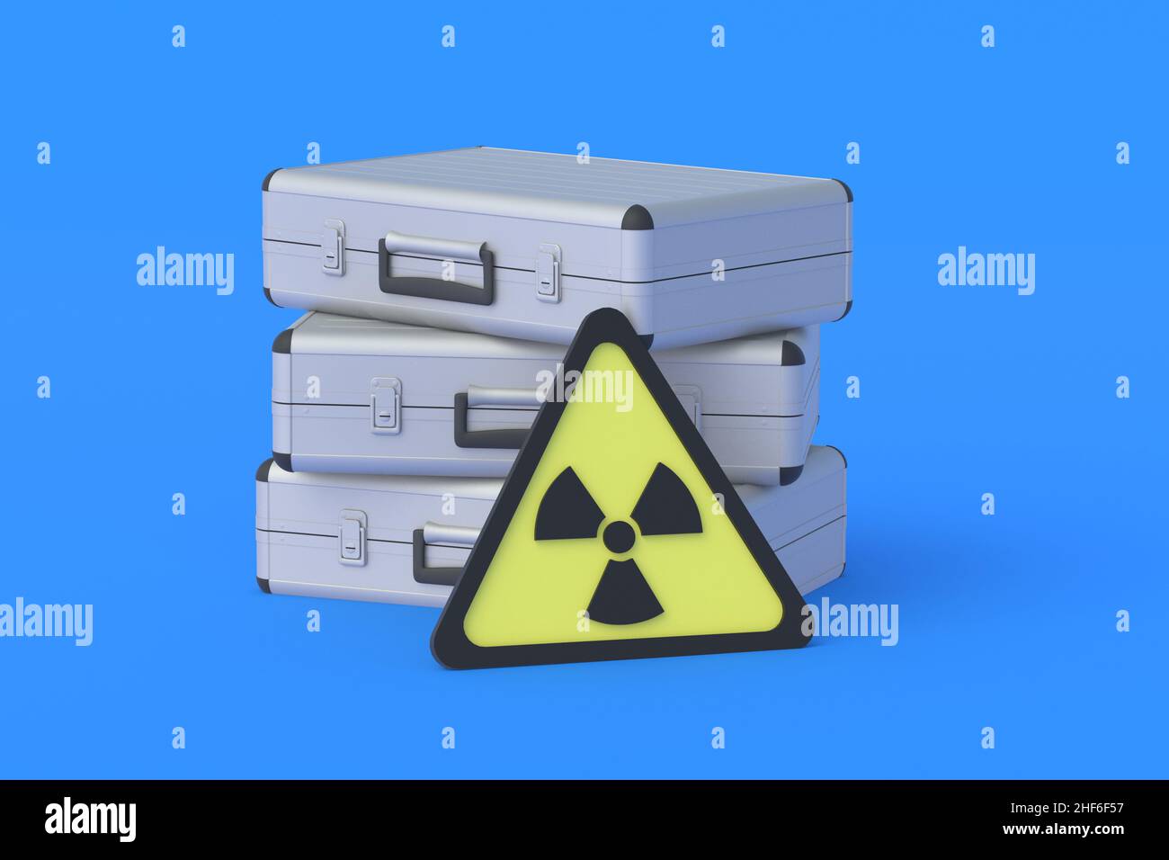 Metal suitcases near radiation sign. Nuclear briefcase. Transportation ...