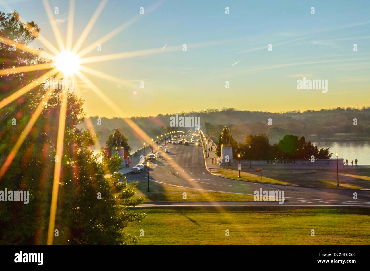 Golden Sun Rays at Arlington Bridge in Washington DC, USA During Sunset ...