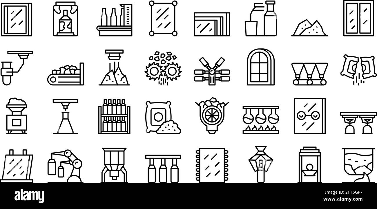 Glass production icons set outline vector. Raw manufacturing. Window ...