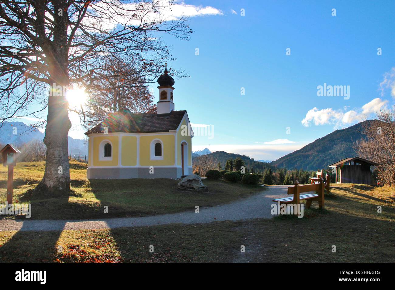 autumn landscape with chapel Maria Rast on the Buckelwiesen, bench ...