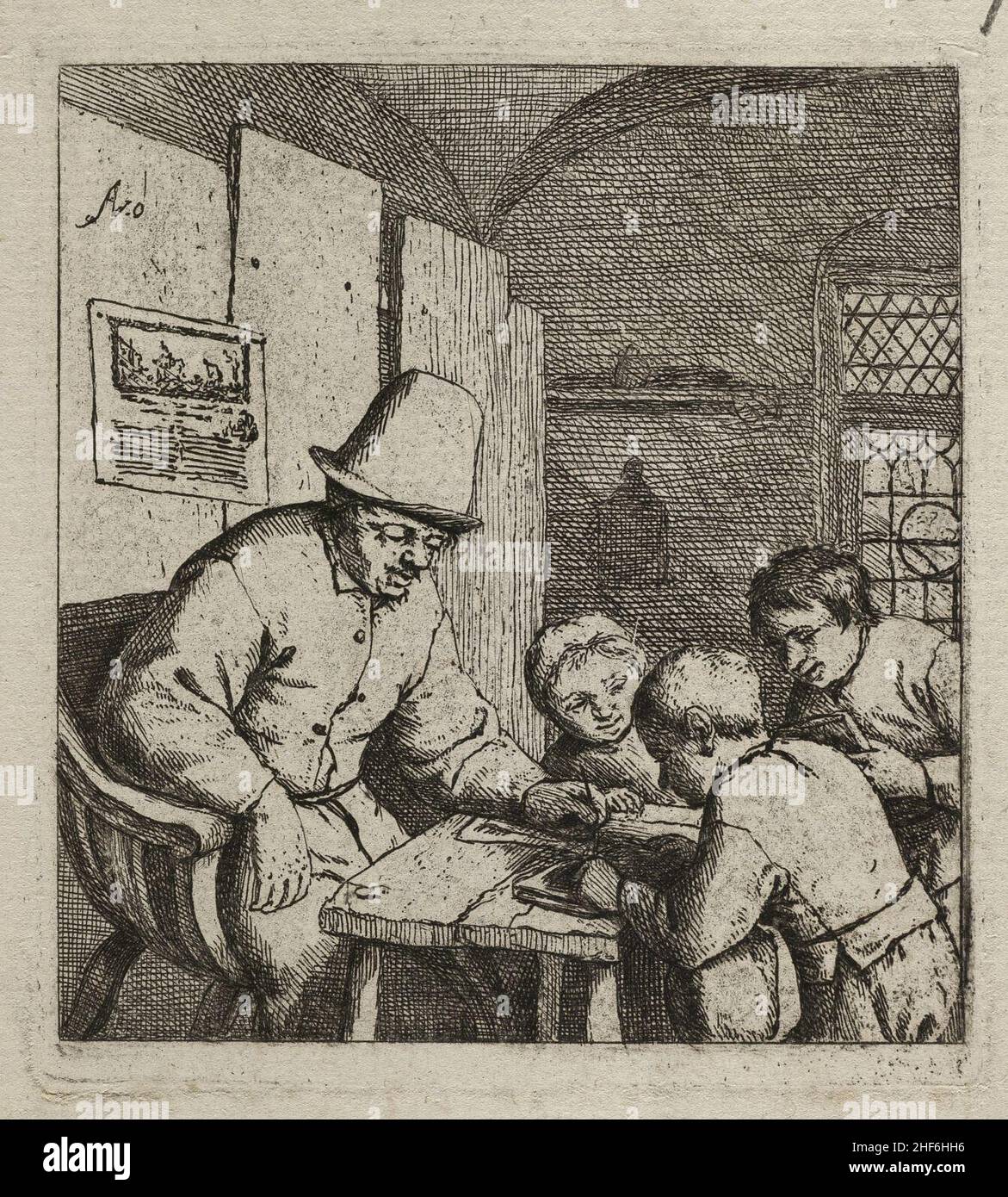 Schoolmeester met drie leerlingen bij tafel Stock Photo - Alamy