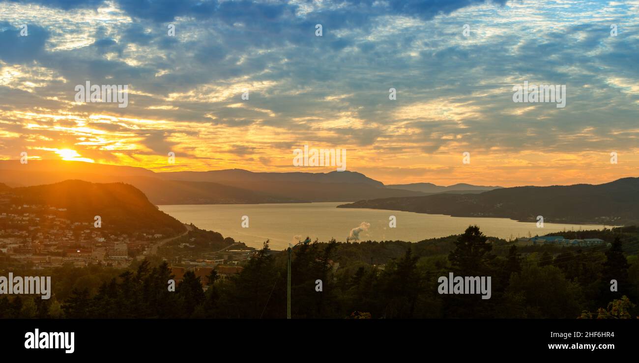 An aerial view of the City of Corner Brook, Newfoundland. The harbour ...