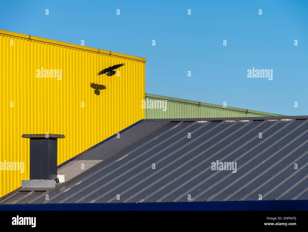 Warehouse, crow, yellow wall, chimney, industrial park Stock Photo - Alamy