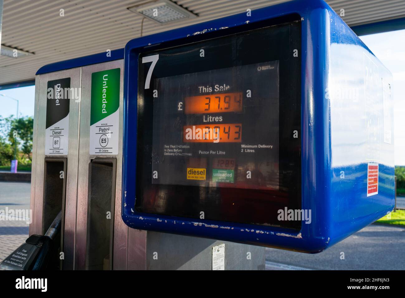 Durham, UK - 23rd August 2019: Petrol and diesel gas station, nozzle ...