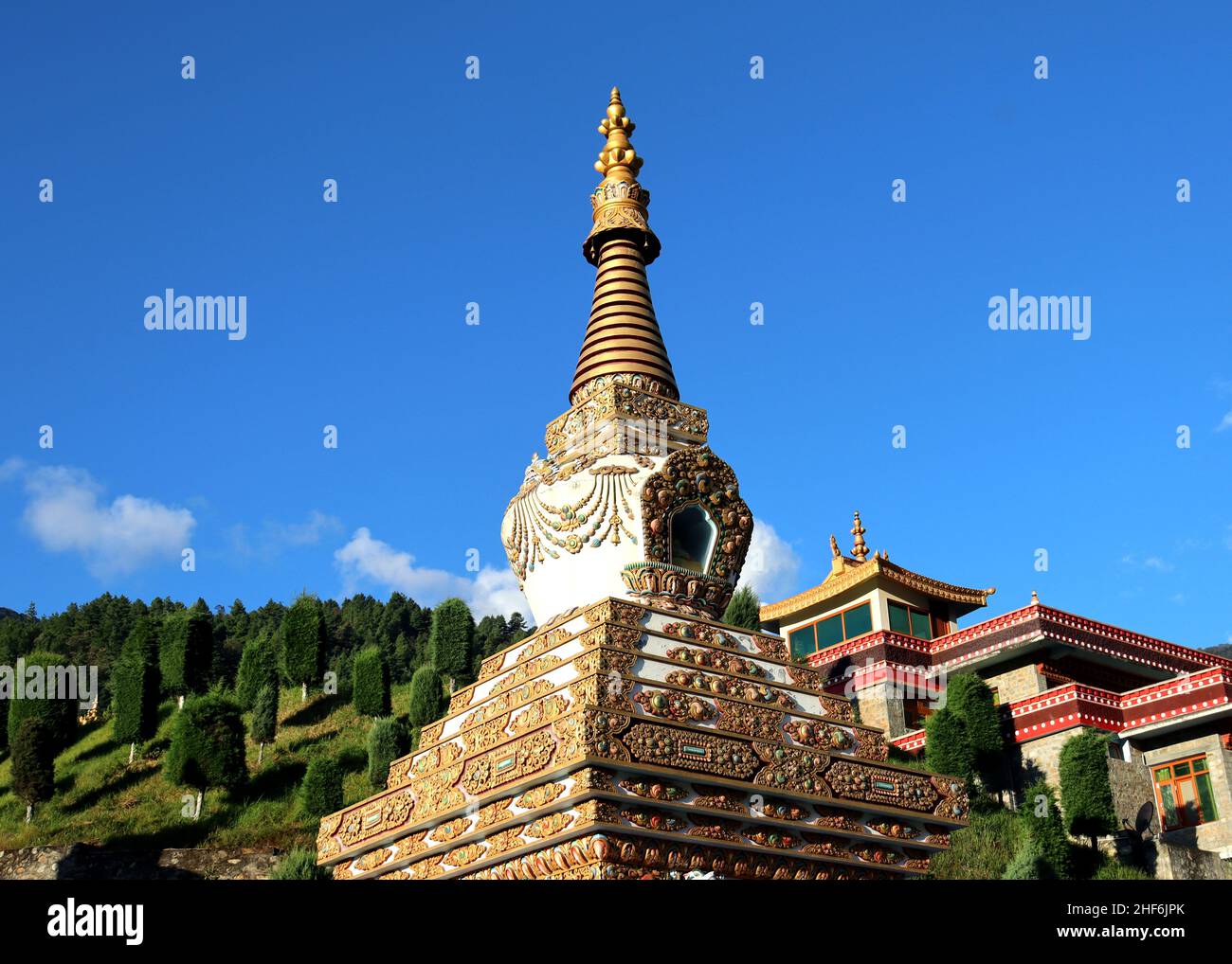 Buddhist stupa with himalayan mountain background at Dirang Buddha ...
