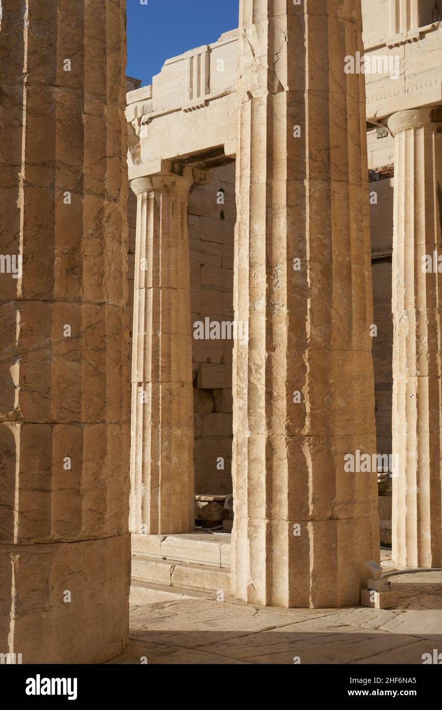 Abstract photograph of marble columns in Propylaea of Athens Acropolis ...