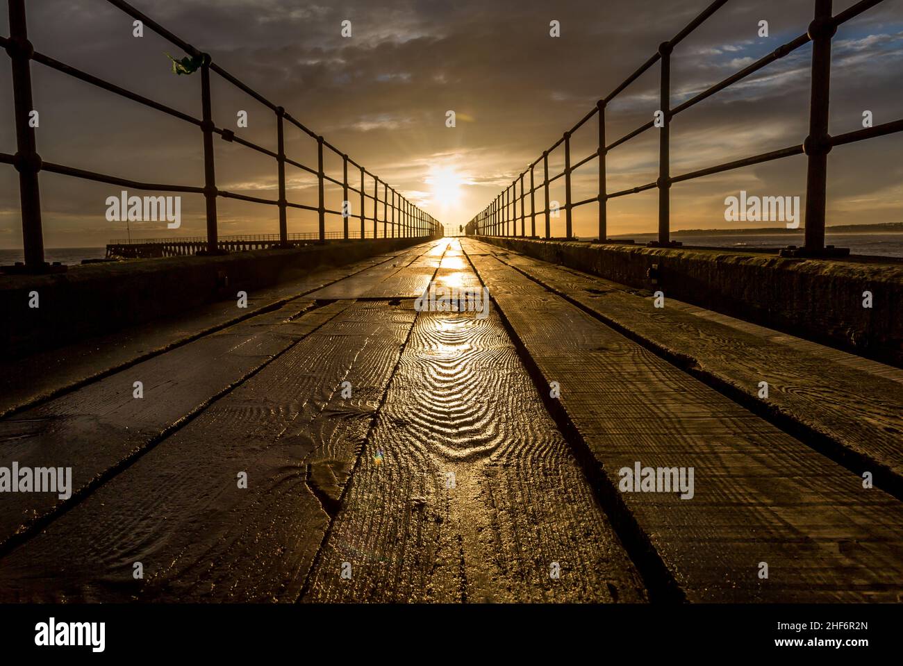 A close-up of a textured wooden plank on the old wooden Pier stretching ...