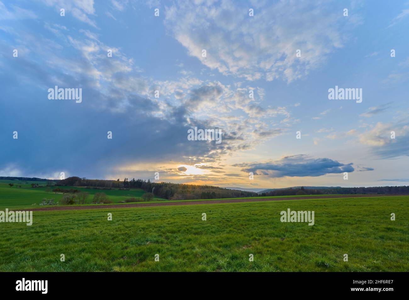 Meadow, forest, sky, sun, sunset, spring, Spessart, Bavaria, Germany ...