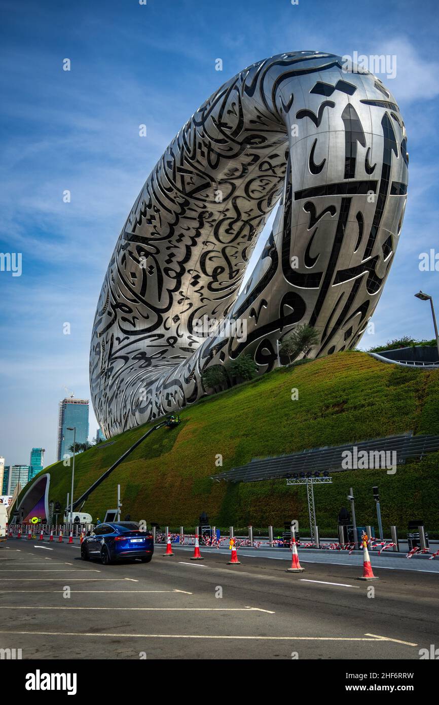 Side view of the unique oval building of Museum of the Future which is ...