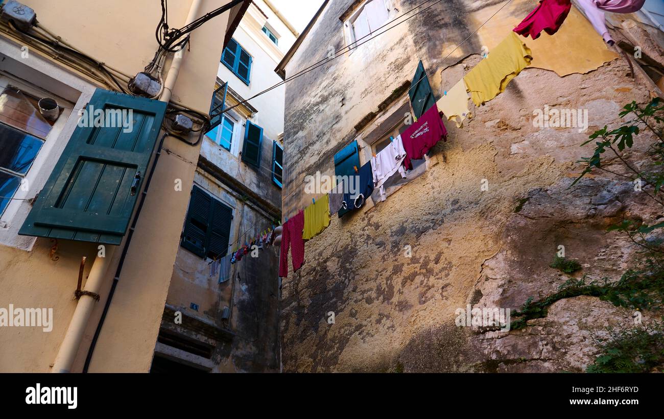 Laundry on clothesline between houses hi-res stock photography and ...