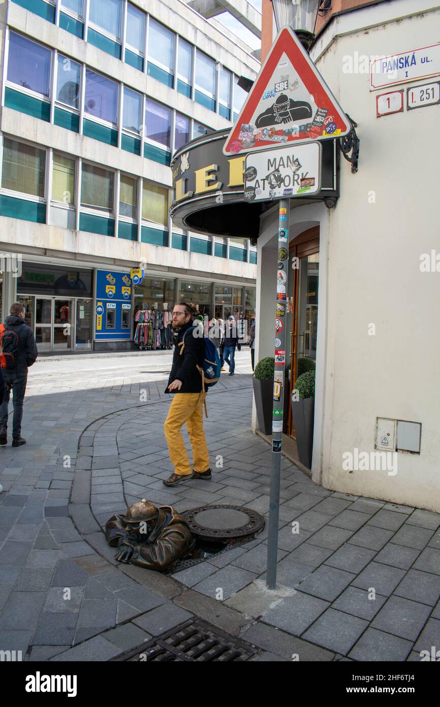 Bratislava, Slovakia - 15 March 19: Cumil, The Man at Work statue, aka ...