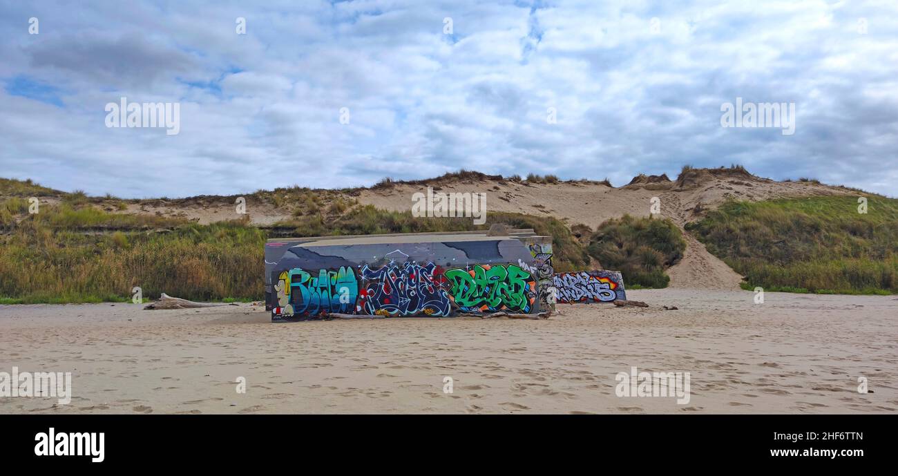 Graffiti on the bunker walls at Plage Le Gurp, France, Atlantic coast ...