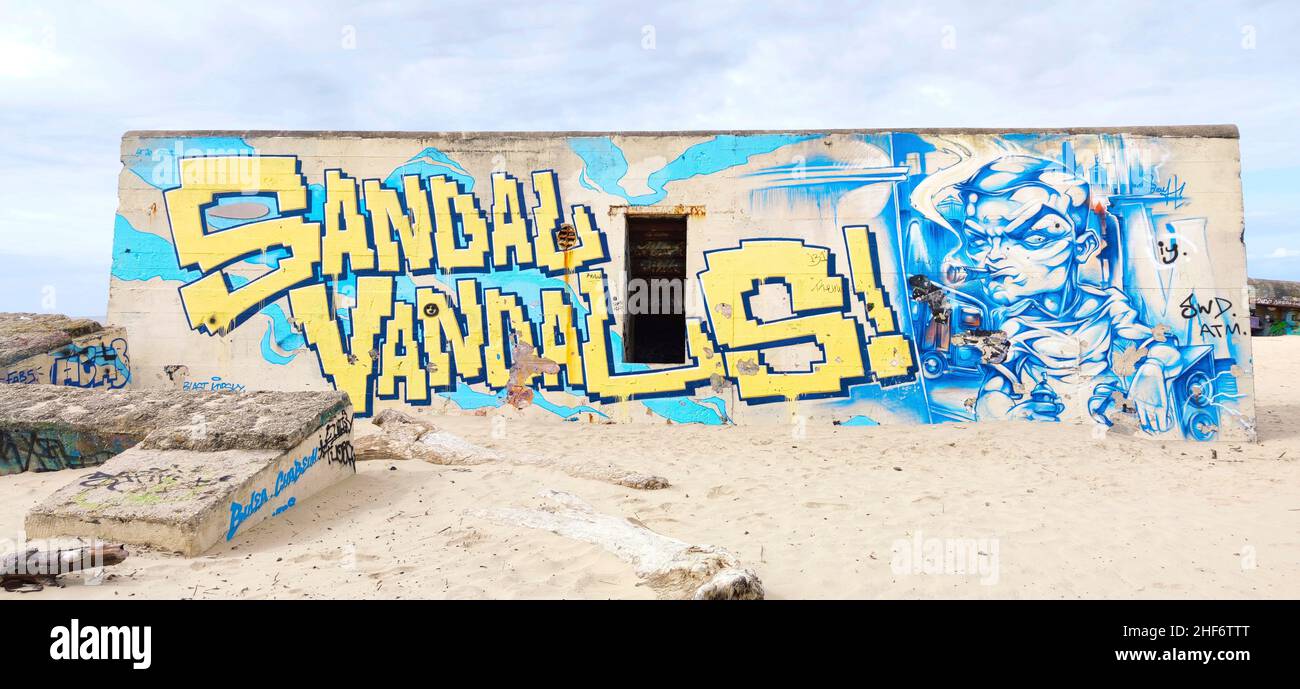 Graffiti on the bunker walls at Plage Le Gurp, France, Atlantic coast ...