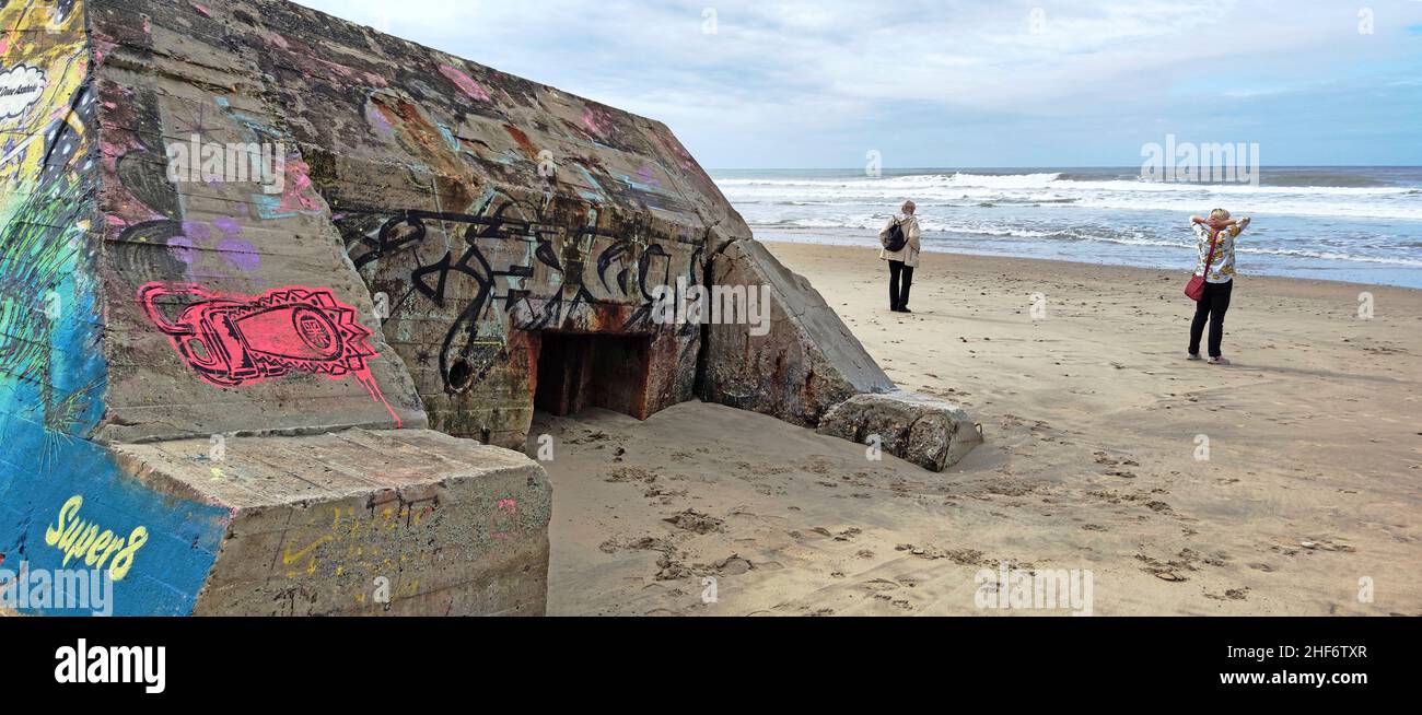 Graffiti on the bunker walls at Plage Le Gurp, France, Atlantic coast ...
