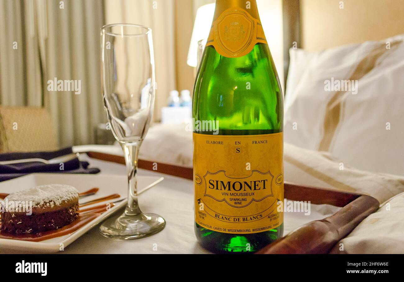 Honeymoon Surprise with Champagne and Brownies Dessert in a Hotel Room ...