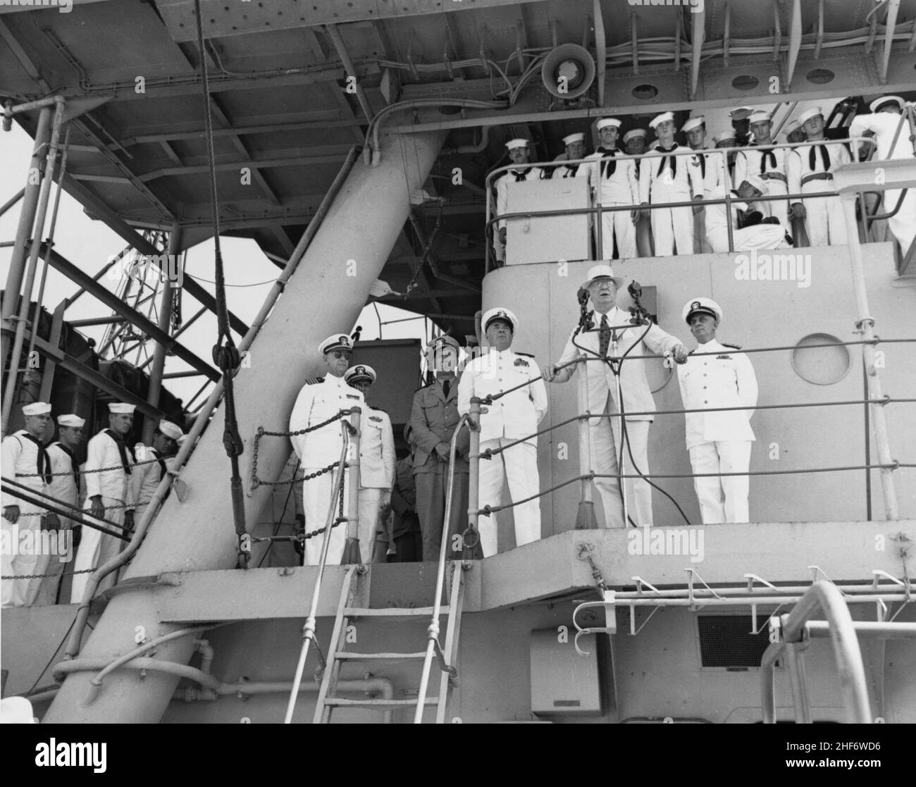 Secretary of the Navy Frank Knox addresses the crew of USS Omaha (CL-4 ...