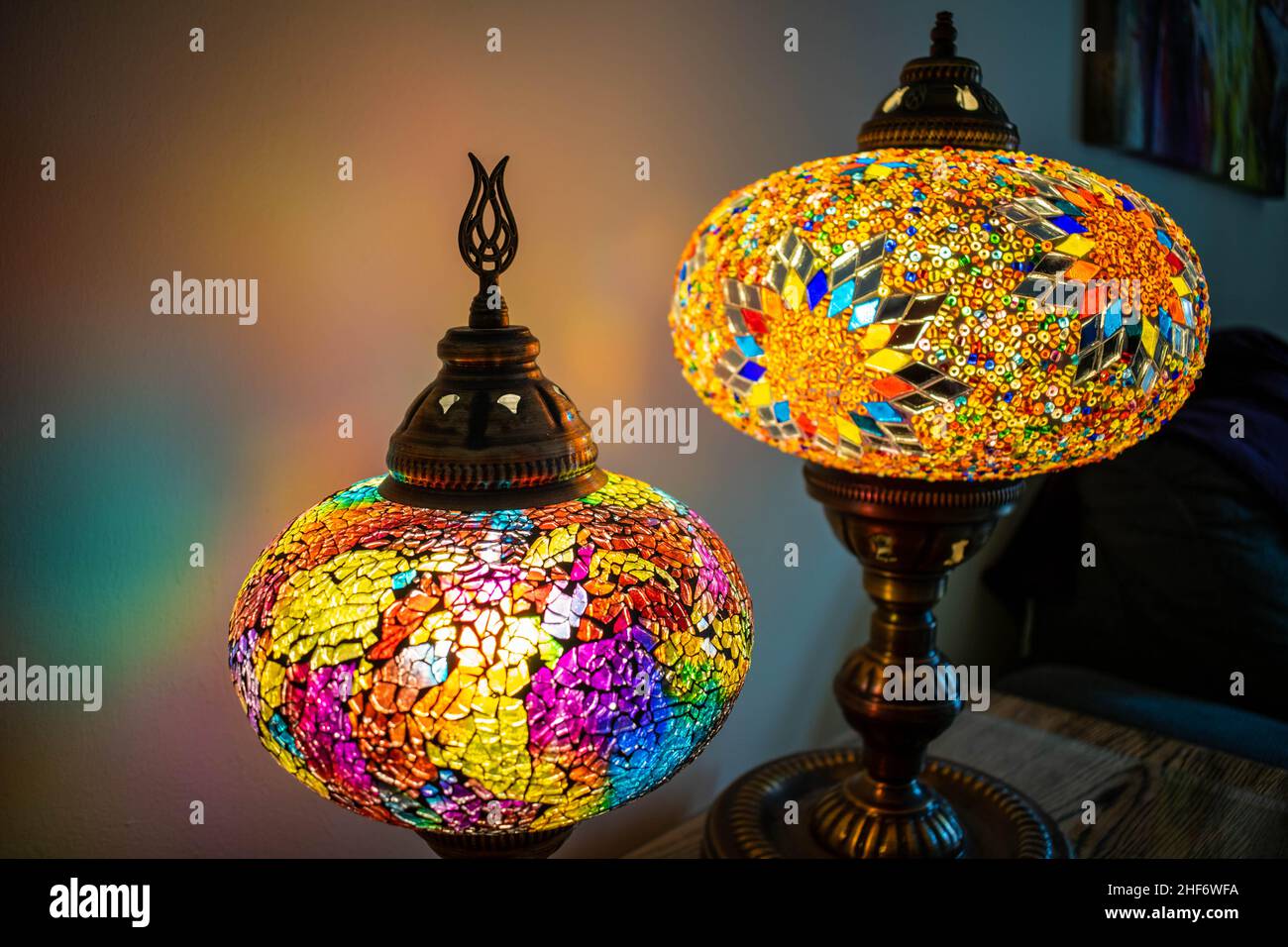 Traditional Turkish-Moroccan stained glass lamp, antique bronze with ...