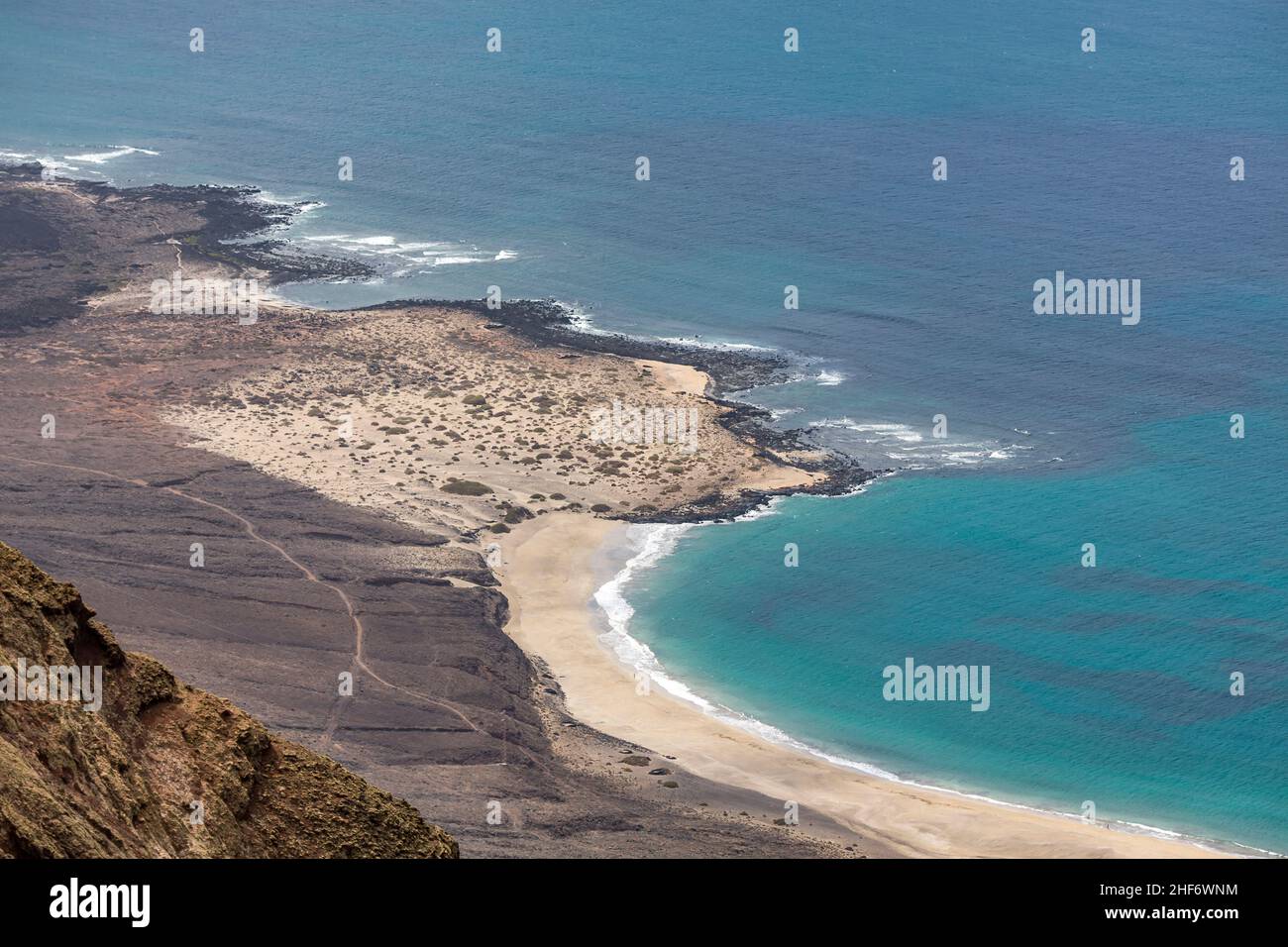 View from Mirador del Rio on the lonely beach Playa del Risco ...