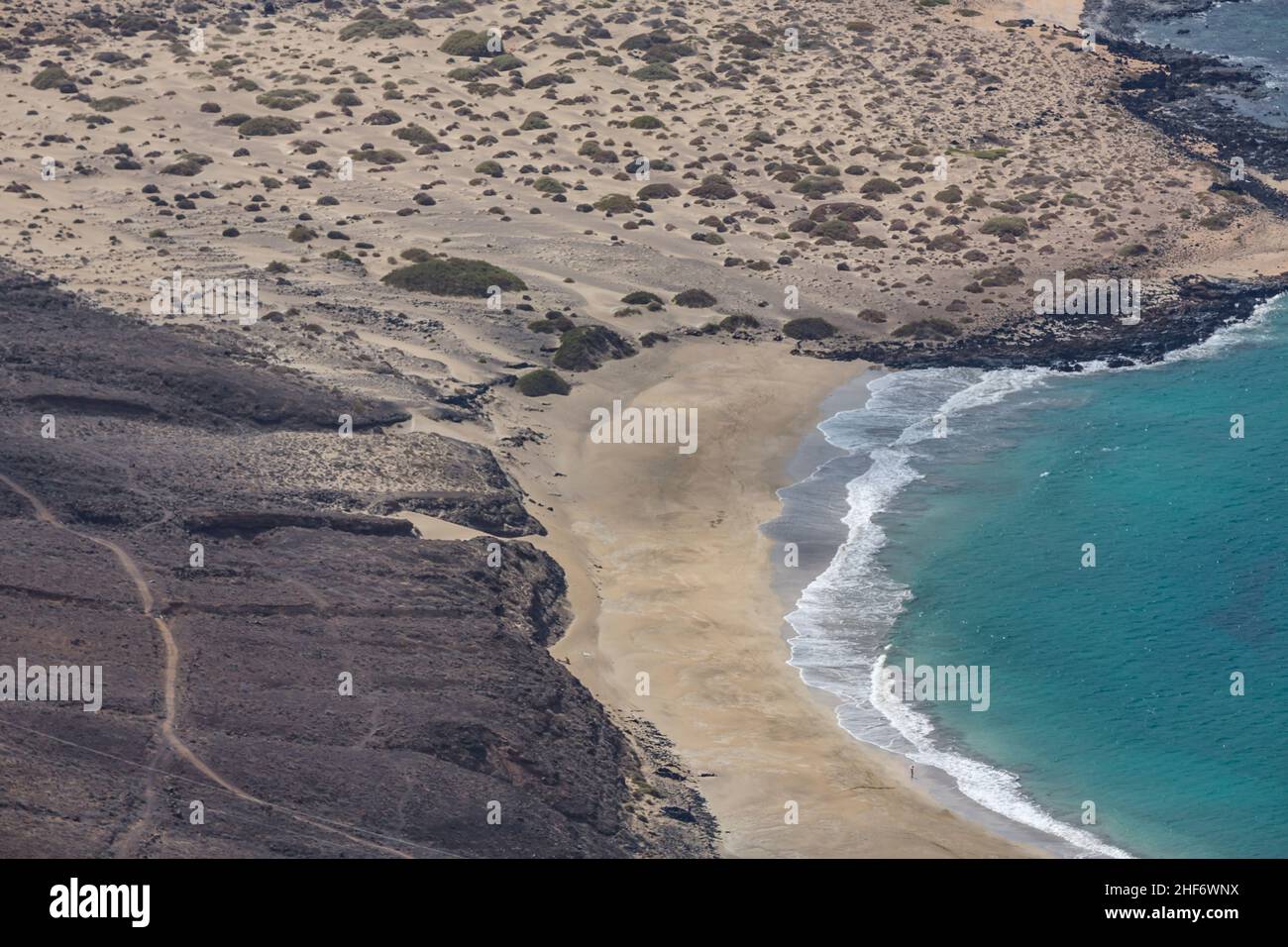 View from Mirador del Rio on the lonely beach Playa del Risco ...