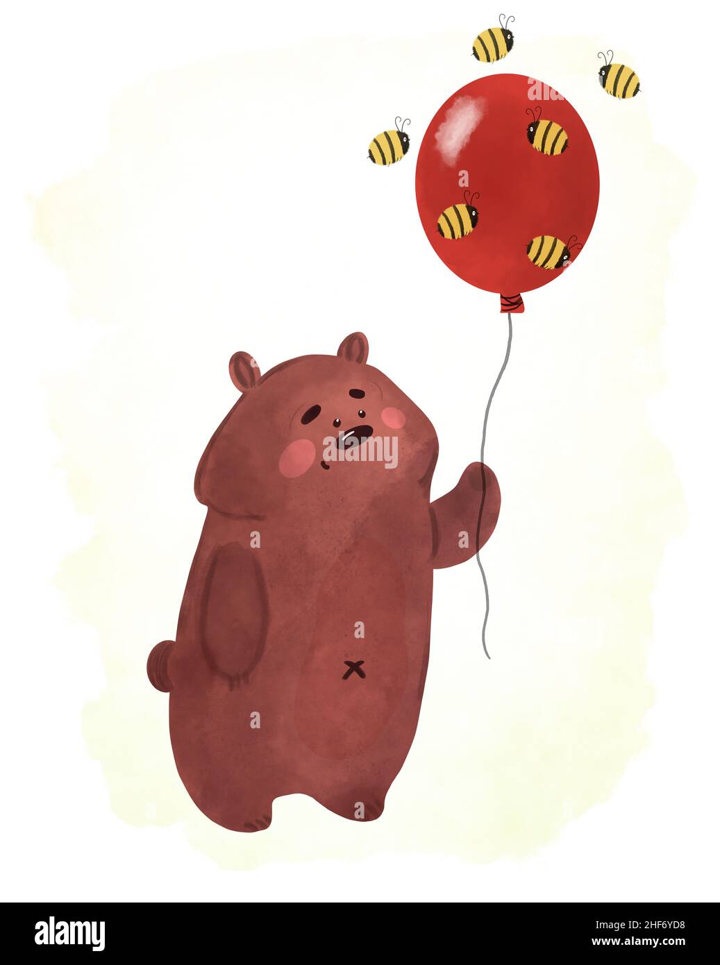 Cute bear with red balloon and bees, watercolor illustration Stock ...