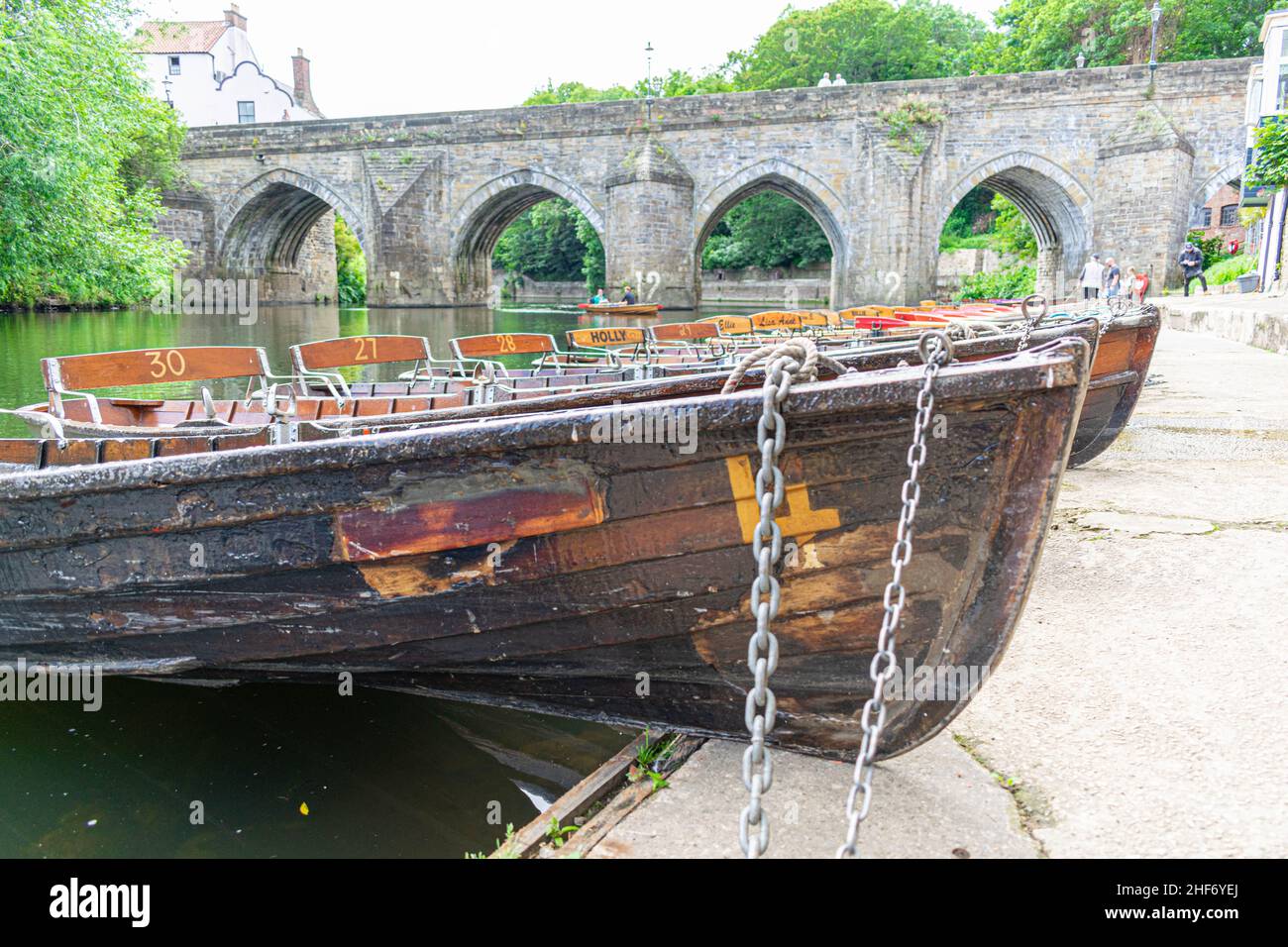 14th July 2019 - Durham, England, UK: Rowing boats lined up on the Wear ...