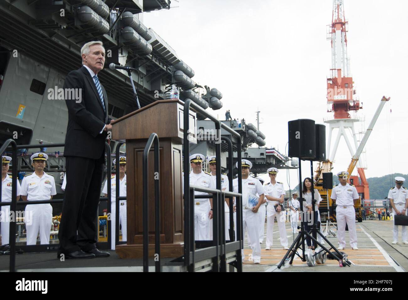 SECNAV speaks with media during a press conference after arriving to ...