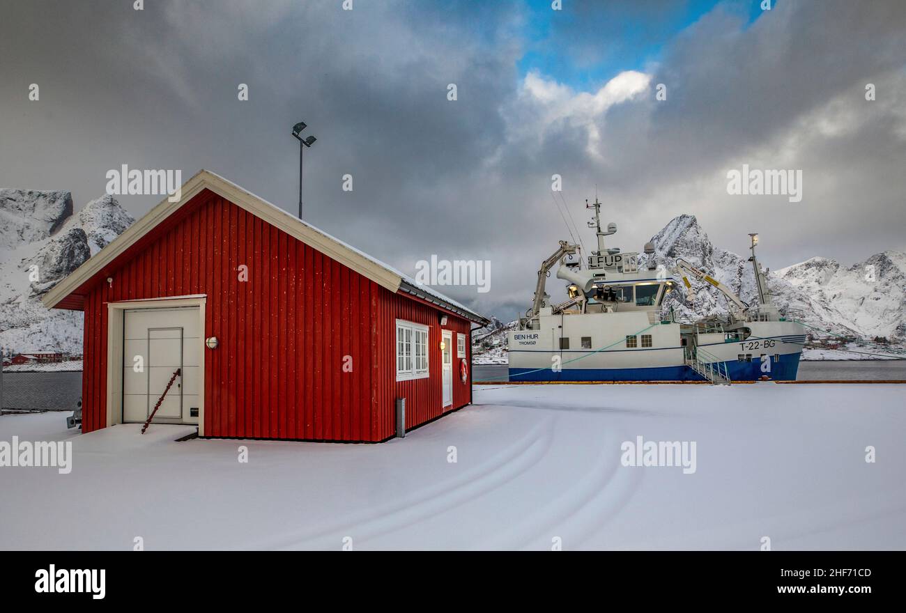 Fishing cutter "Ben Hur" in the port of Reine, next to the port houses ...