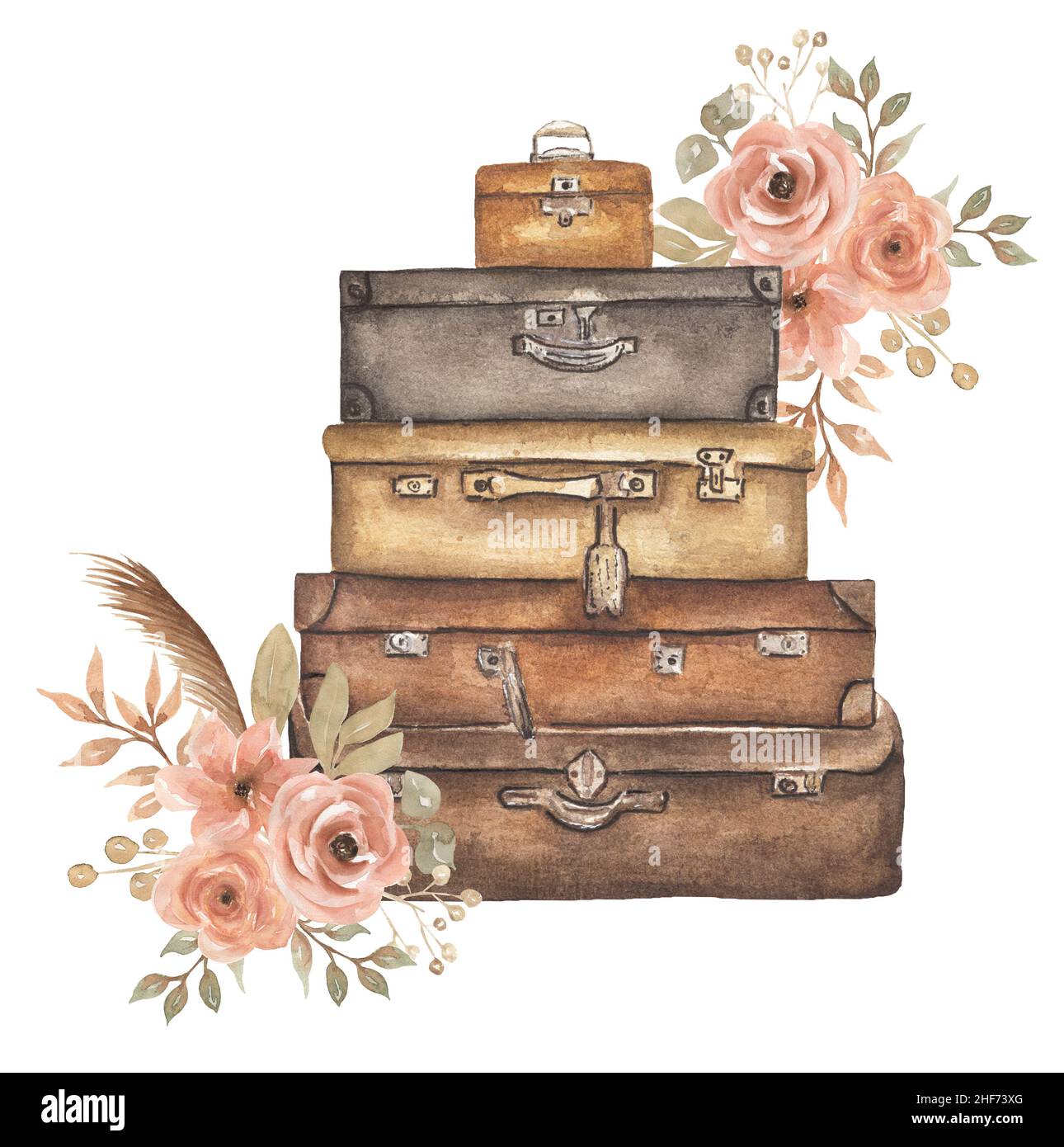 Autumn Vintage Suitcase, Watercolor Fall Coral Floral Bouquet, Beige ...