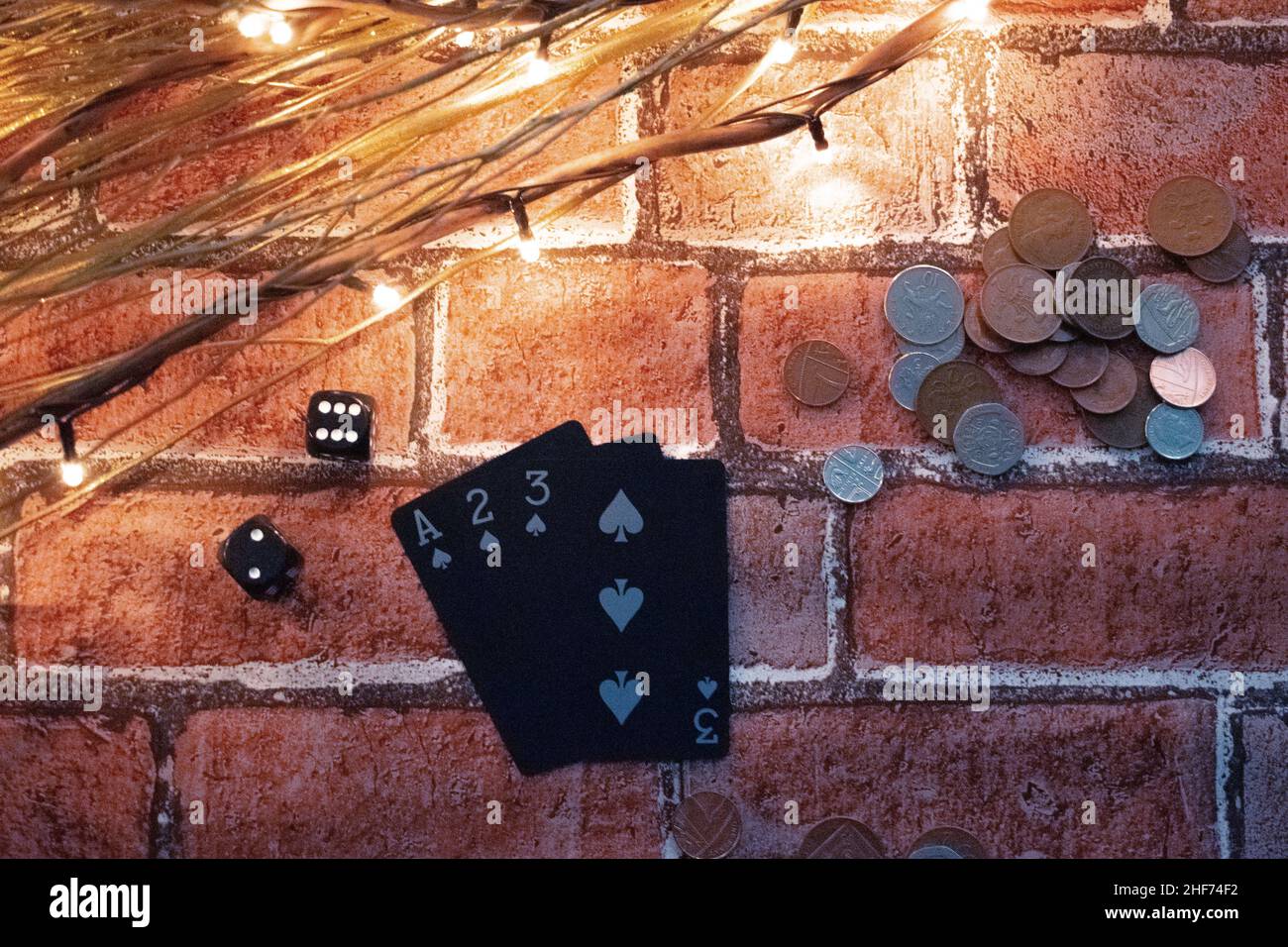 Gambling concept background and image showing cards, die or dice on a ...