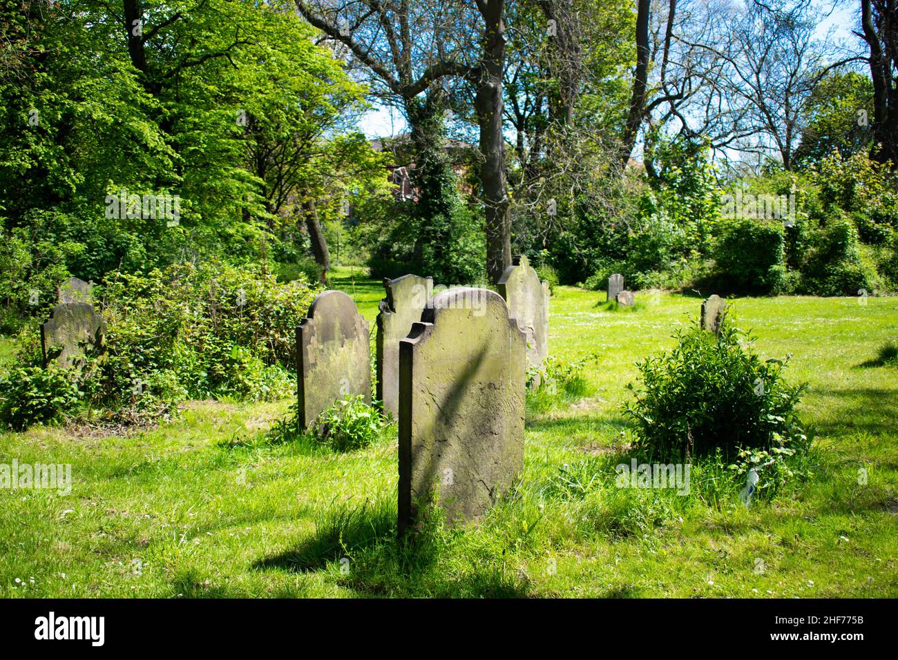 Beautiful graveyard filled with the tombstones (view from the back) of the resting souls of the ...